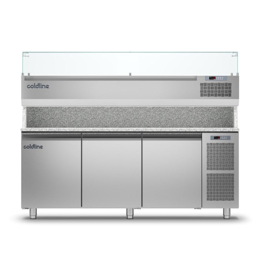 Coldline Pizza Preparation Counter - 3 Door With Granite Worktop and Display Case TZ17/1M VP ...